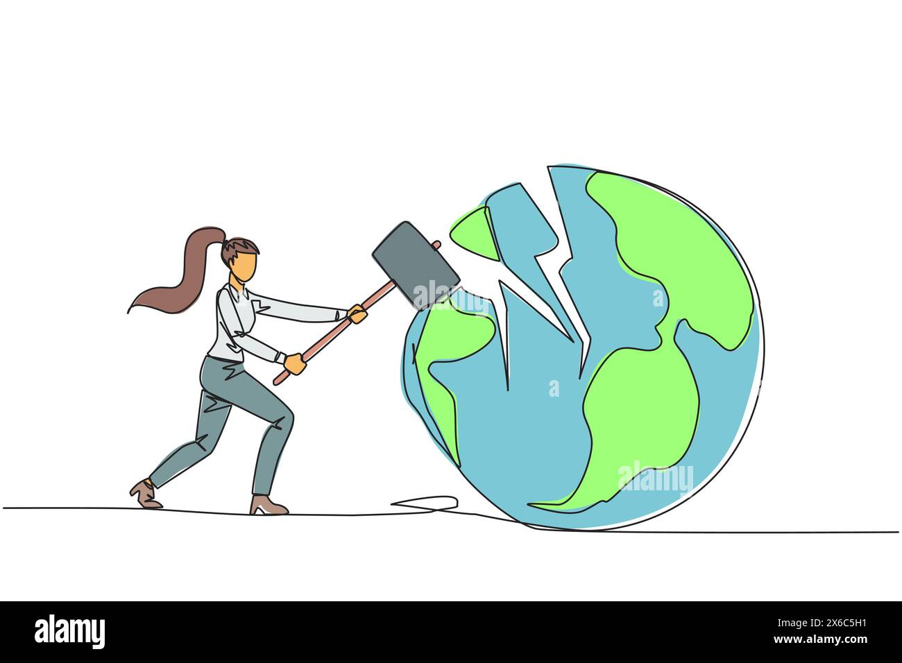 Continuous one line drawing businesswoman preparing to hit the big ...