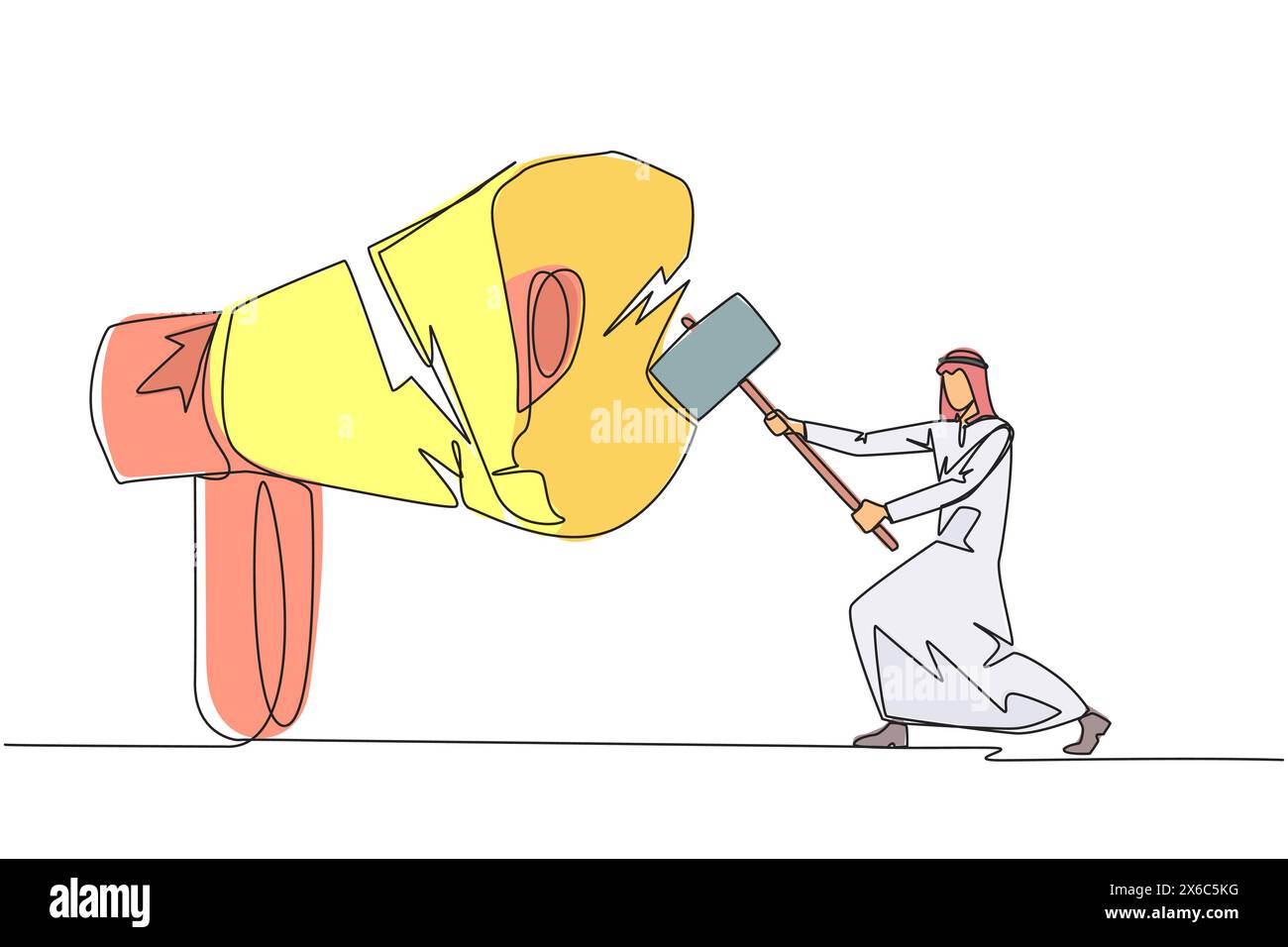 Single continuous line drawing Arabian businessman preparing to hit a ...