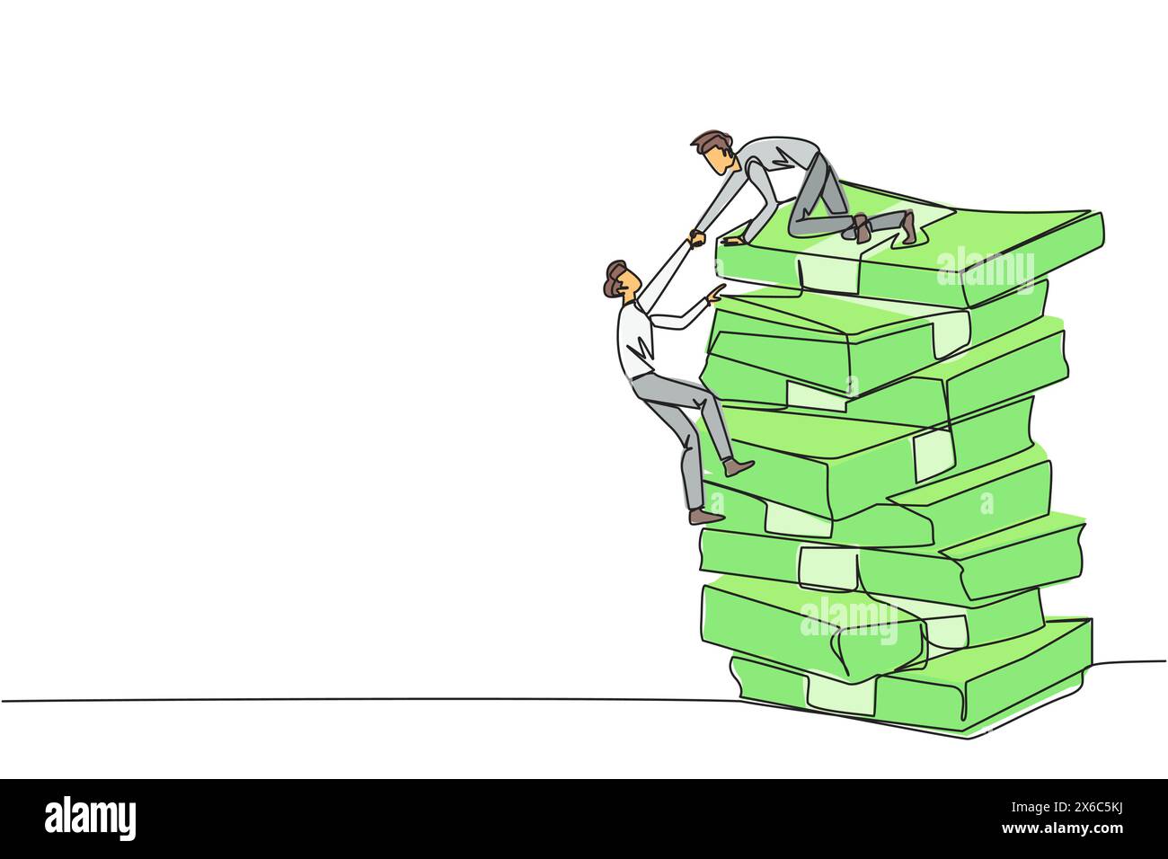 Single continuous line drawing businessman helps colleague climb large ...