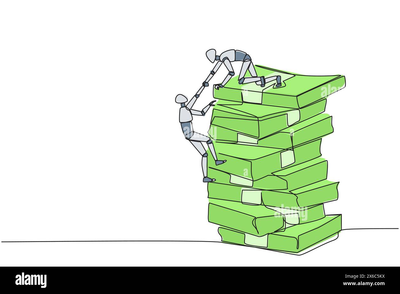 Single one line drawing smart robotic helping colleague climb a large ...
