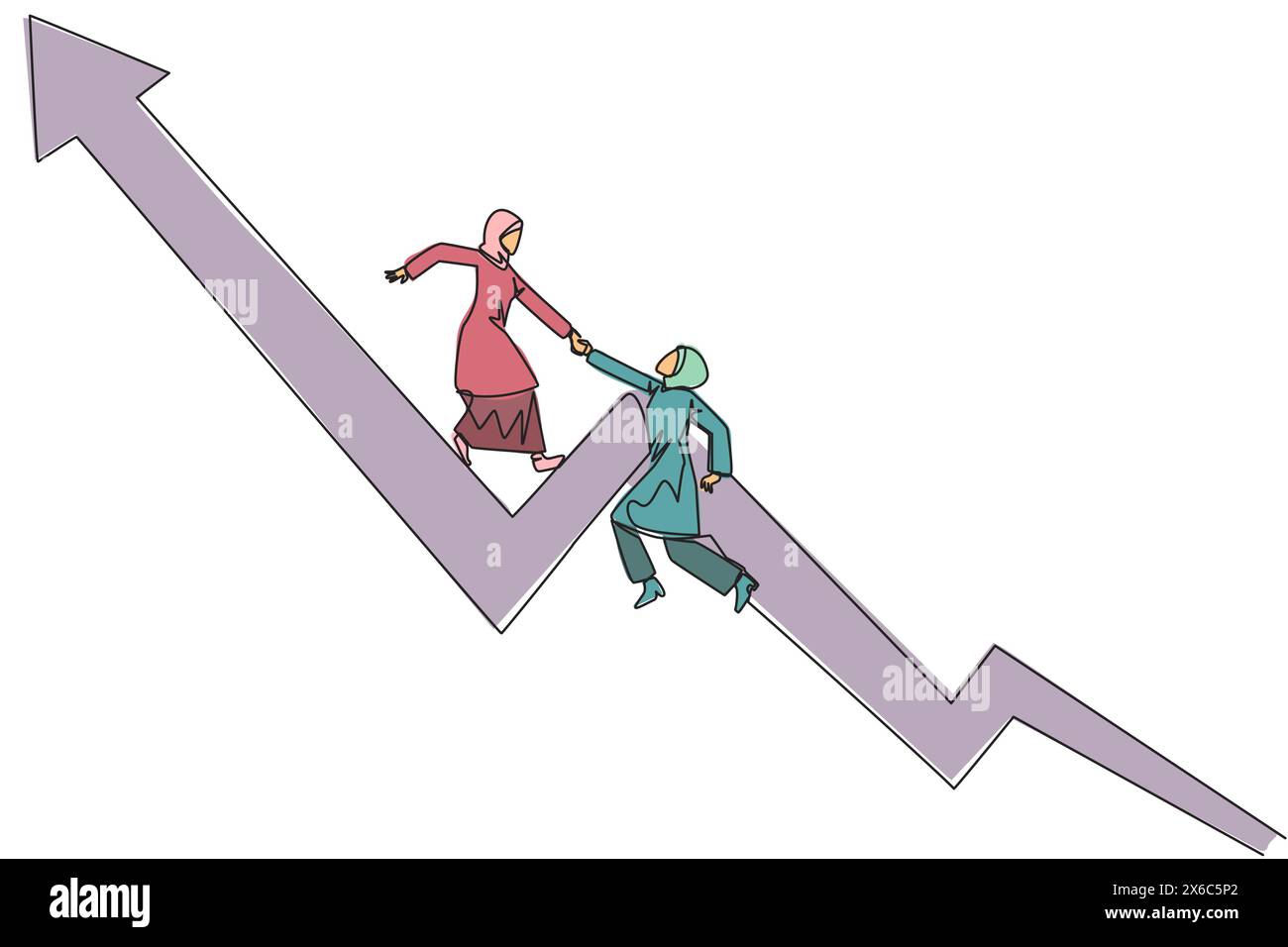 Single continuous line drawing Arabian businesswoman helps colleague to ...