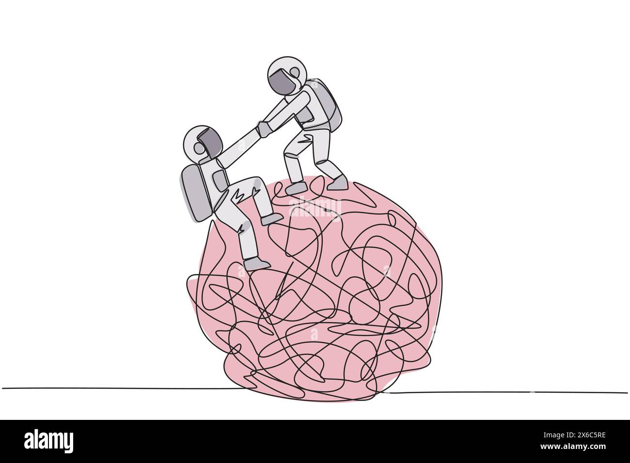 Continuous one line drawing astronaut helps colleague climbs the big ...