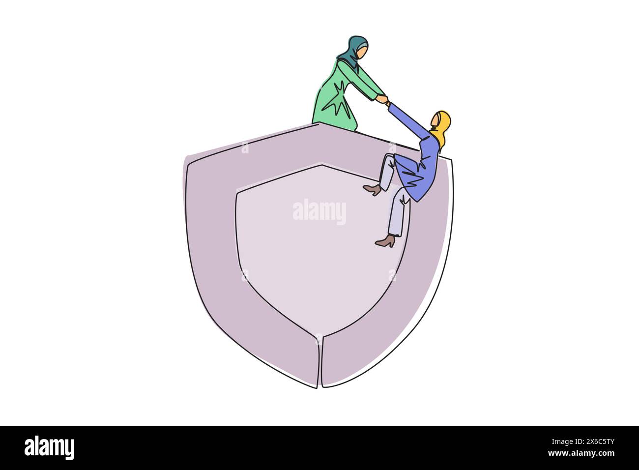 Single one line drawing Arab businesswoman helps colleague climb the ...