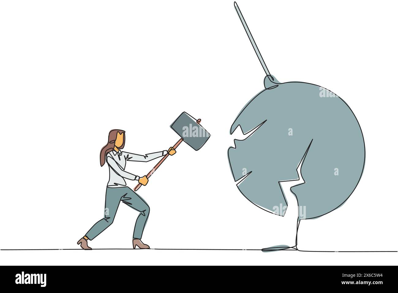 Continuous one line drawing businesswoman preparing to hit big swinging ...