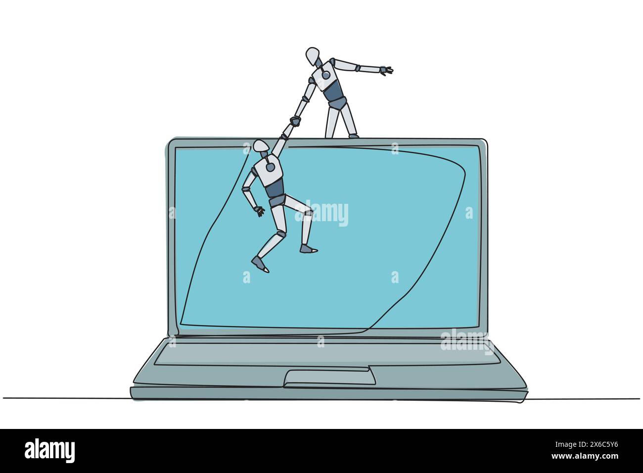 Single continuous line drawing smart robot helps colleague to climb a ...