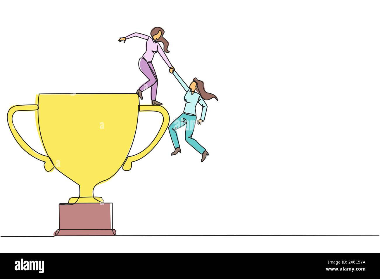 Single one line drawing businesswoman helps colleague climb the big ...