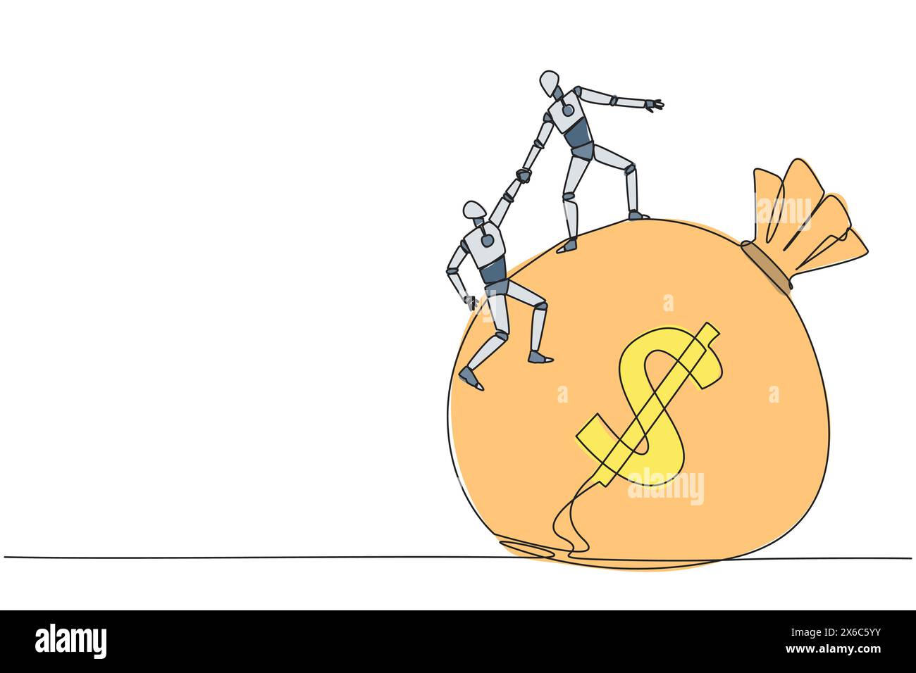 Single one line drawing robot helps colleague to climb the big money ...