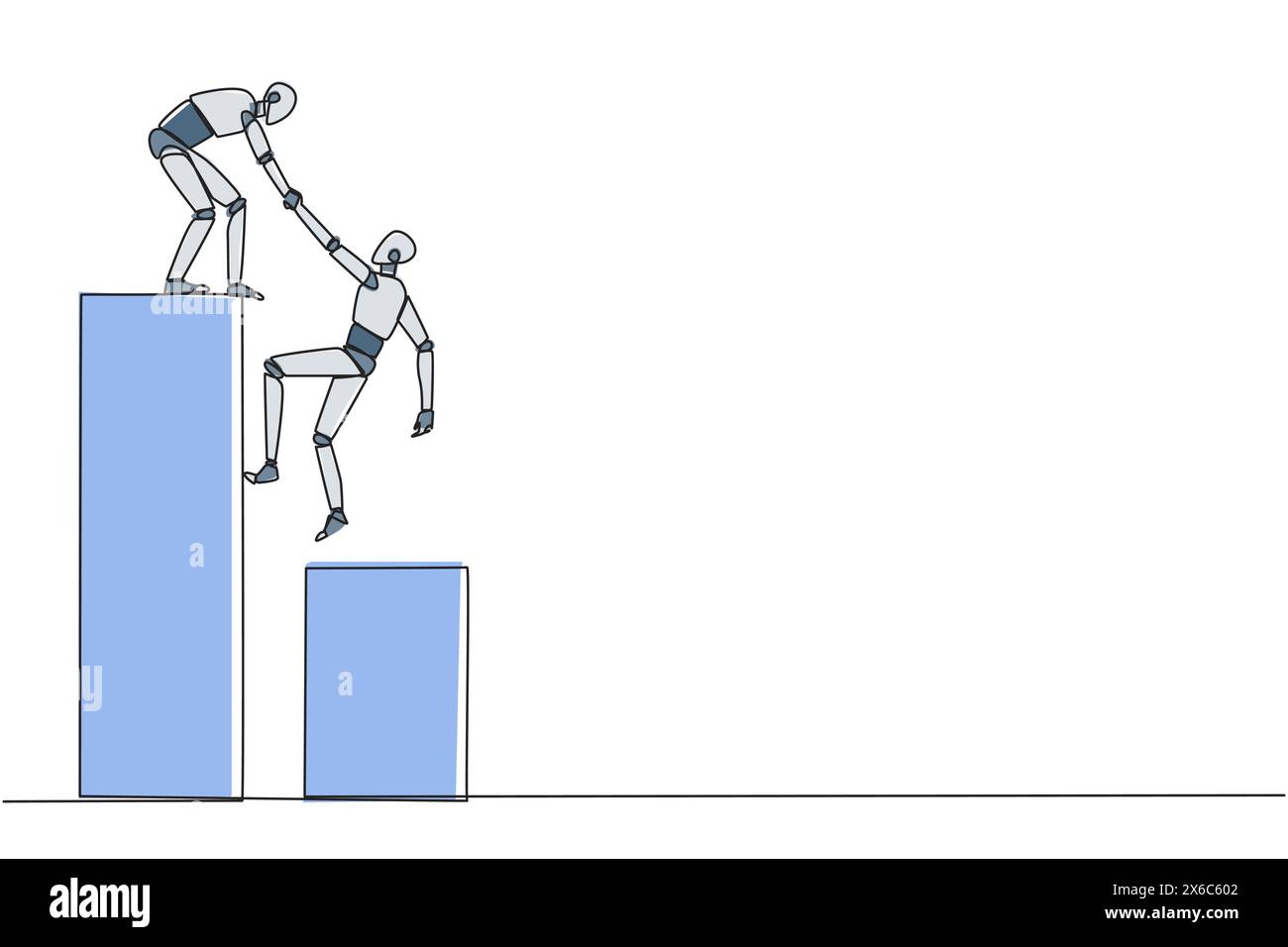 Single one line drawing smart robotic helps colleague climb the big bar ...