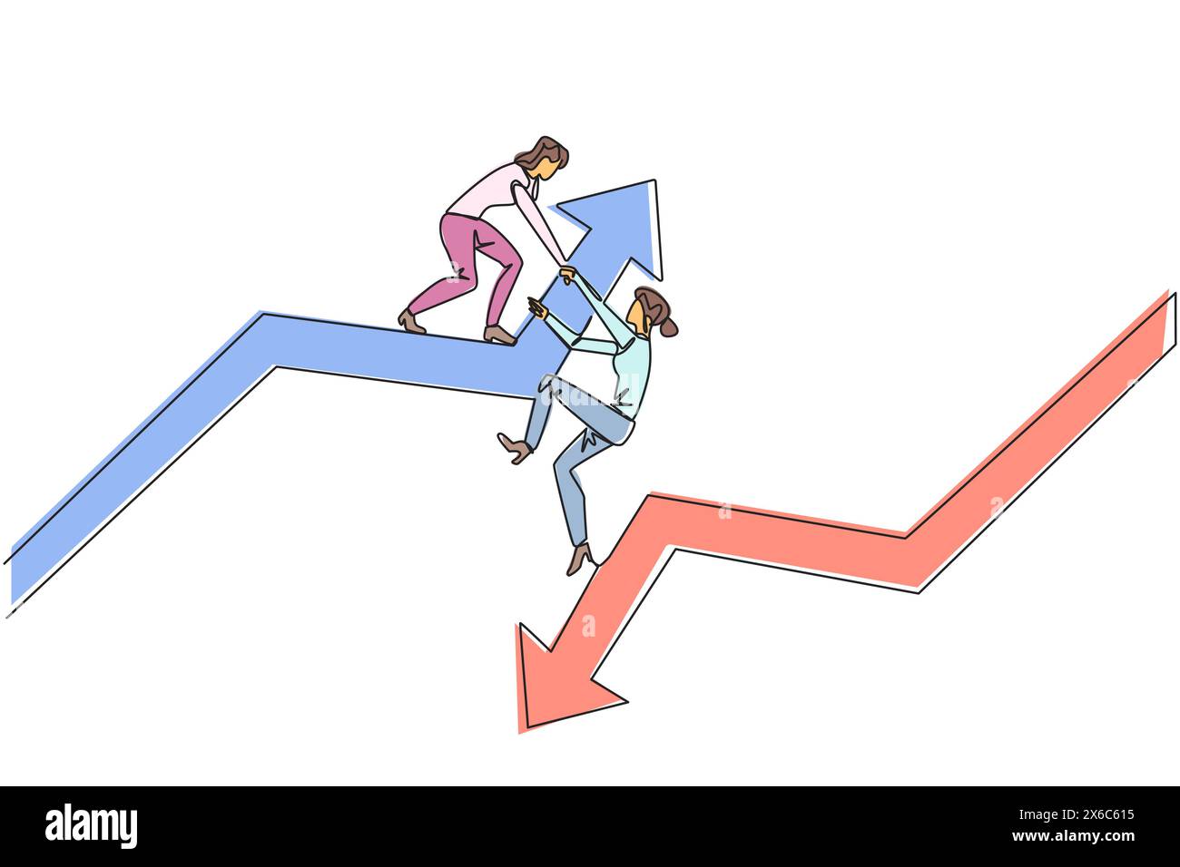 Single continuous line drawing businesswoman helps colleague climb ...