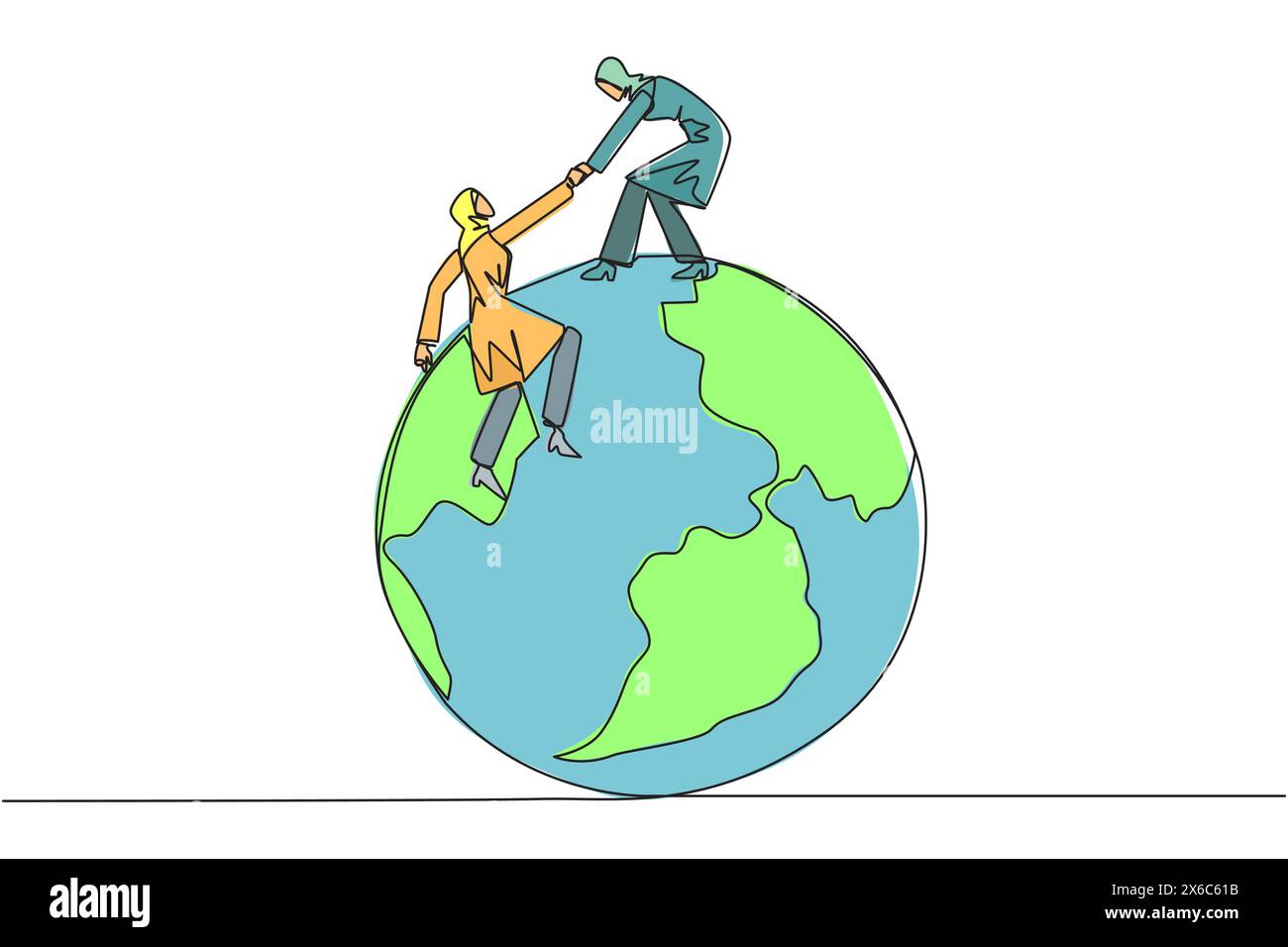 Single continuous line drawing Arabian businesswoman helps colleague ...