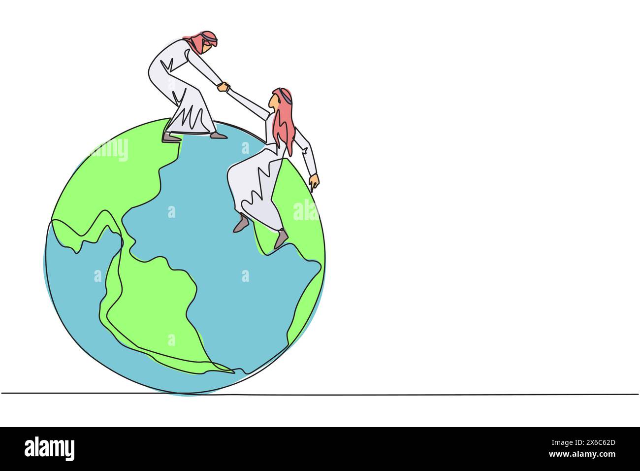 Single one line drawing Arabian businessman helps colleague climb big ...