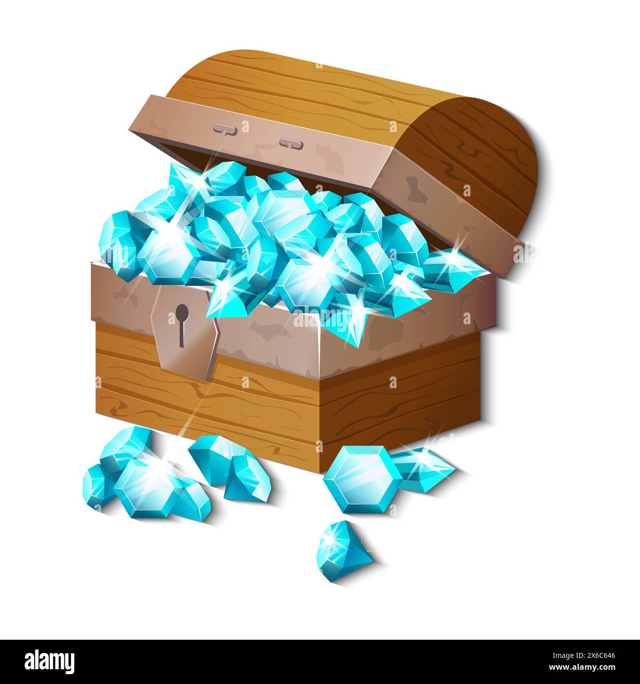 Wooden chest full of blue precious shiny stones with open lid, pirate ...