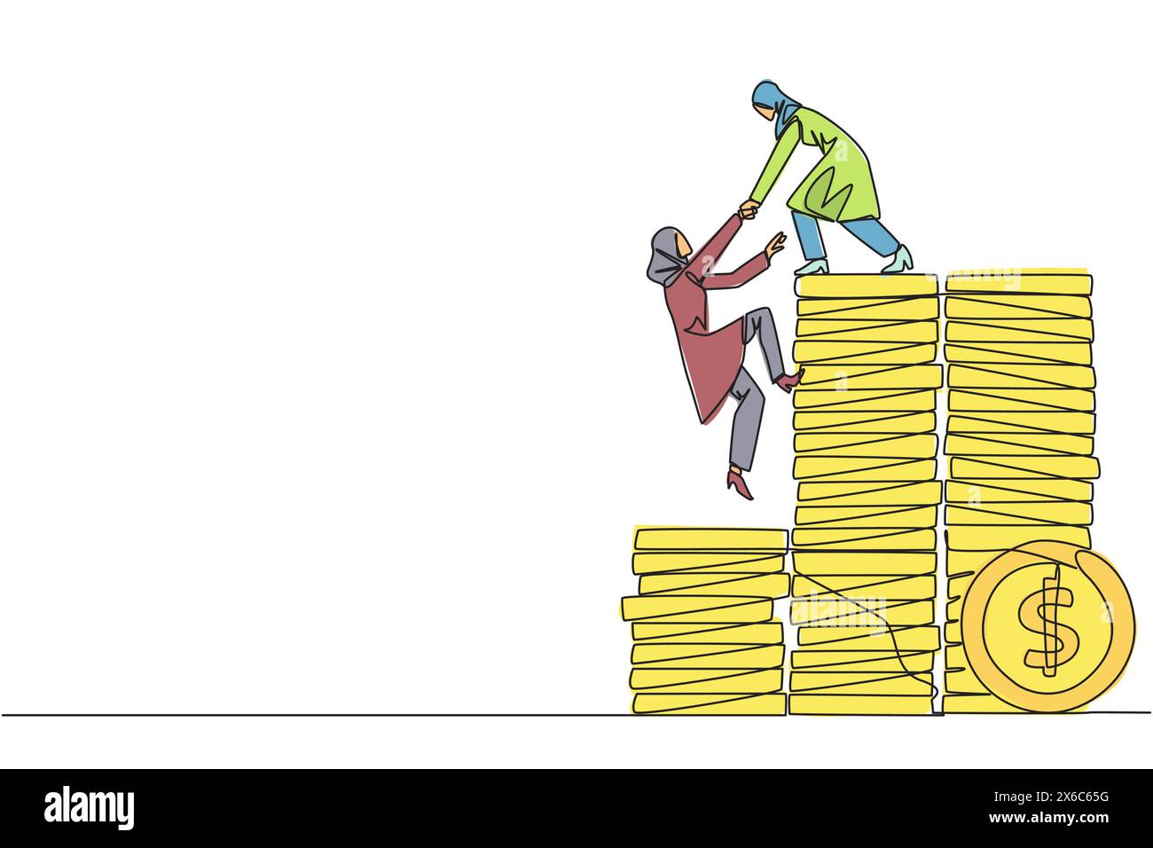 Single continuous line drawing Arab businesswoman helps colleague climb ...