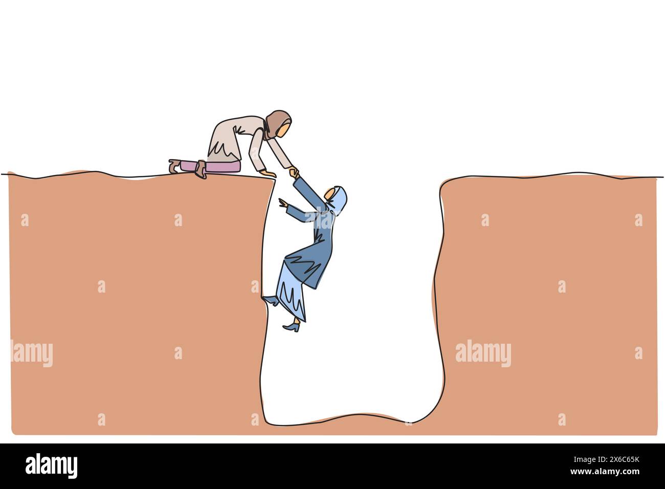 Single one line drawing Arabian businesswoman helps colleague climb a ...