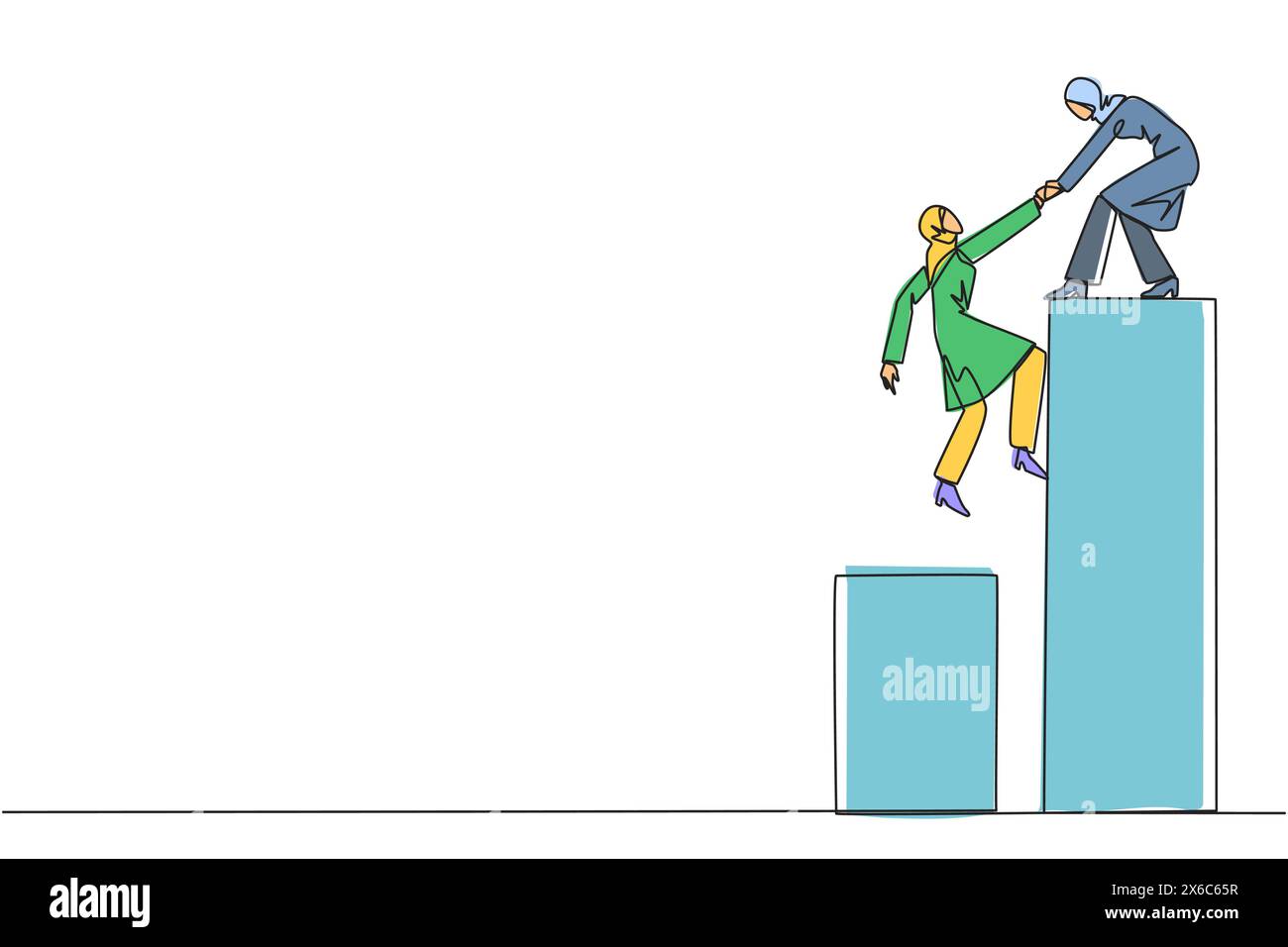 Single continuous line drawing Arabian businesswoman helps colleague ...