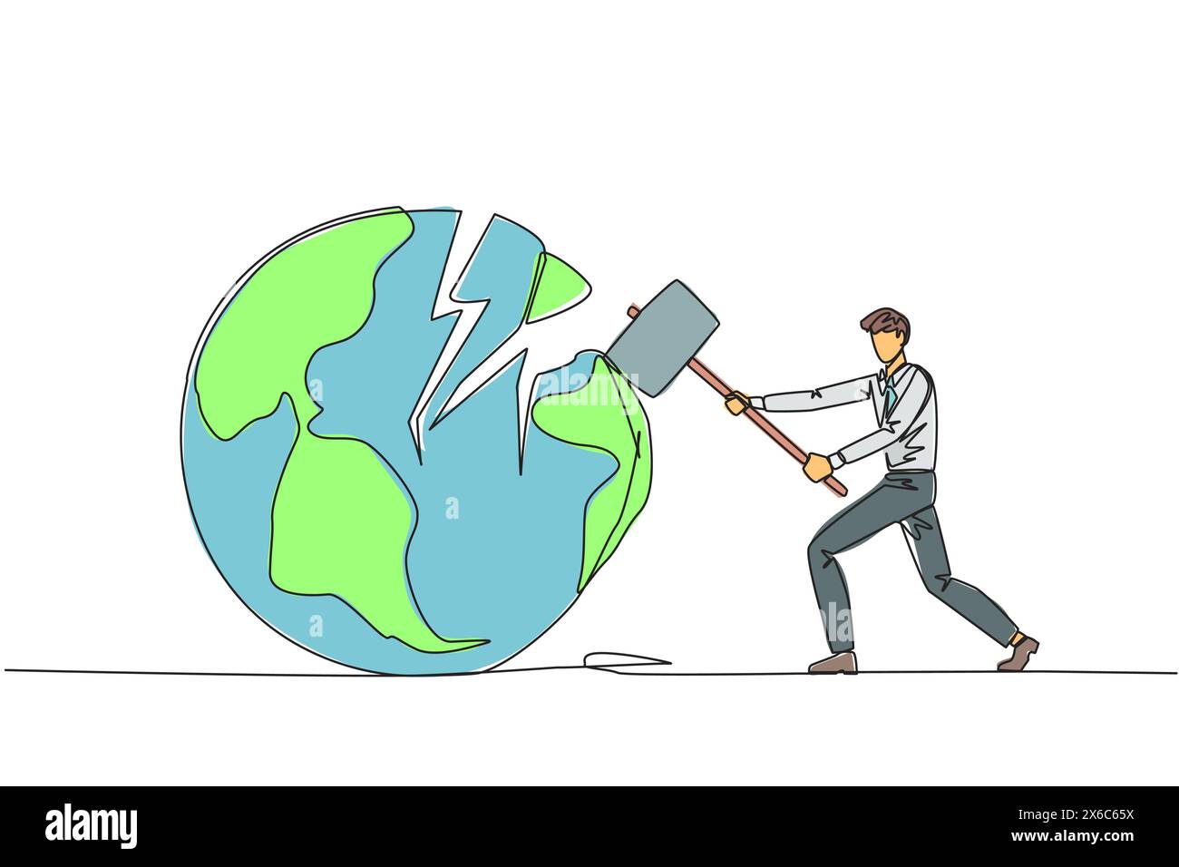 Continuous one line drawing businessman preparing to hit the big globe ...