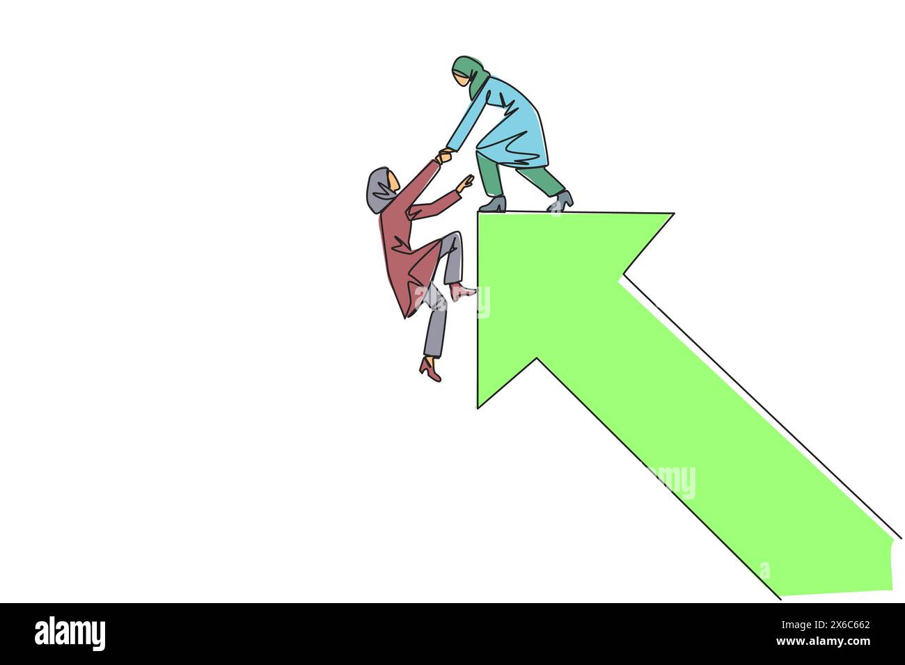 Continuous one line drawing Arabian businesswoman helps colleague climb ...