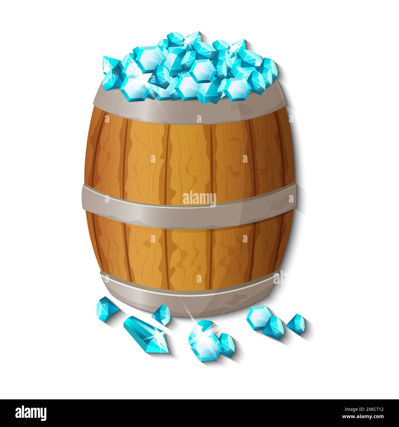 Wooden barrel with metal hoops full of blue gems and diamonds, treasure ...