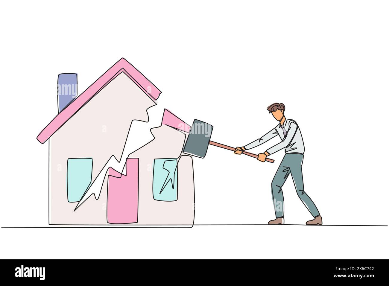 Single continuous line drawing businessman preparing to hit miniature ...