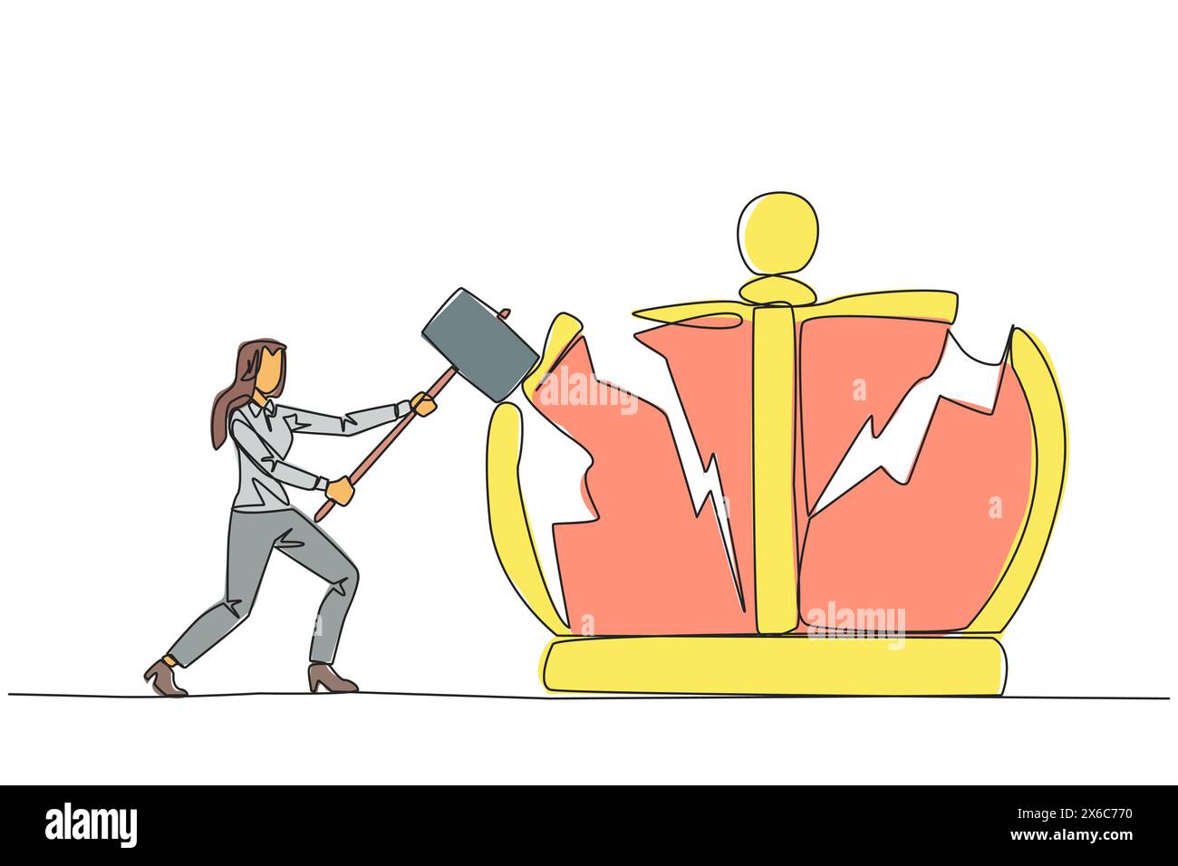 Single one line drawing businesswoman preparing to hit big crown ...