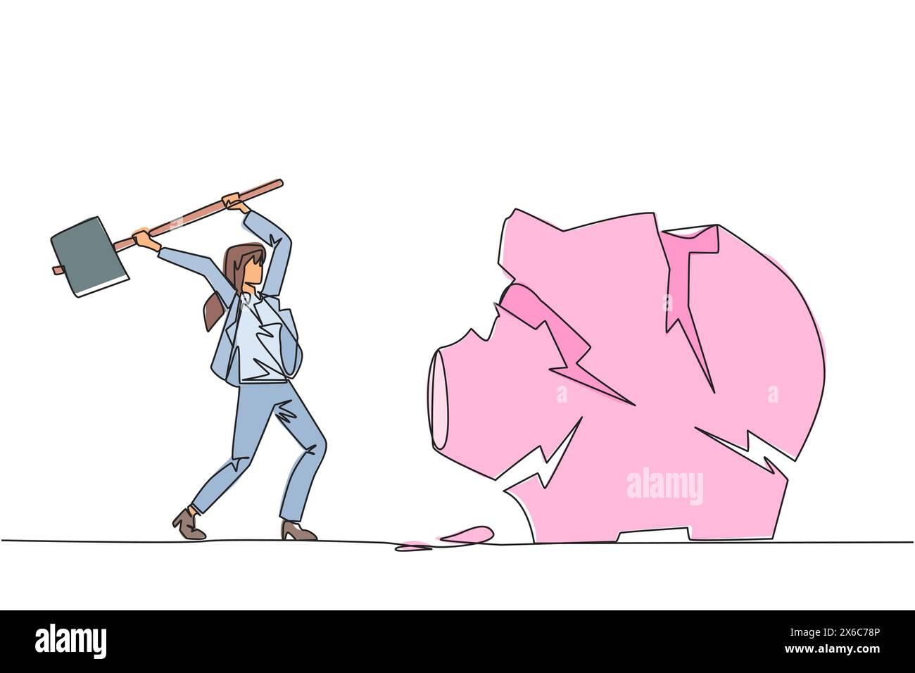 Single continuous line drawing businesswoman preparing to hit big piggy ...