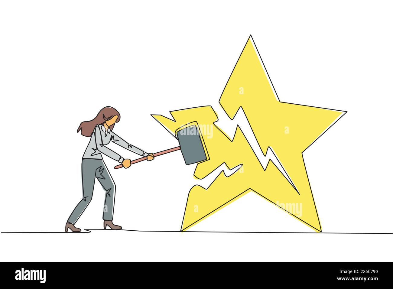 Single continuous line drawing businesswoman preparing to hit big star ...