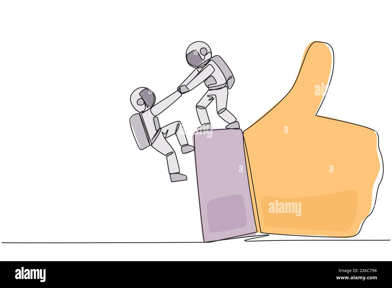 Continuous one line drawing astronaut helps colleague climb big finger ...