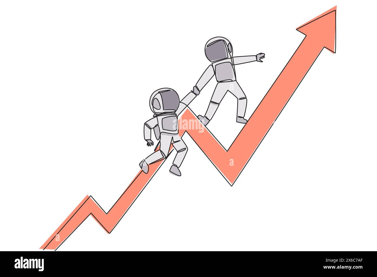 Single one line drawing young astronaut helps colleague to climbs big ...