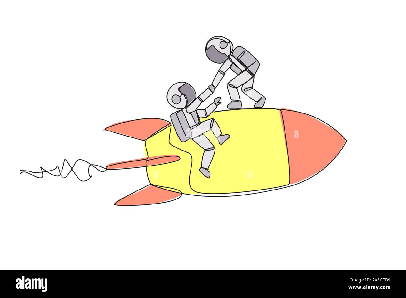 Single continuous line drawing astronaut helps colleague climb flying ...