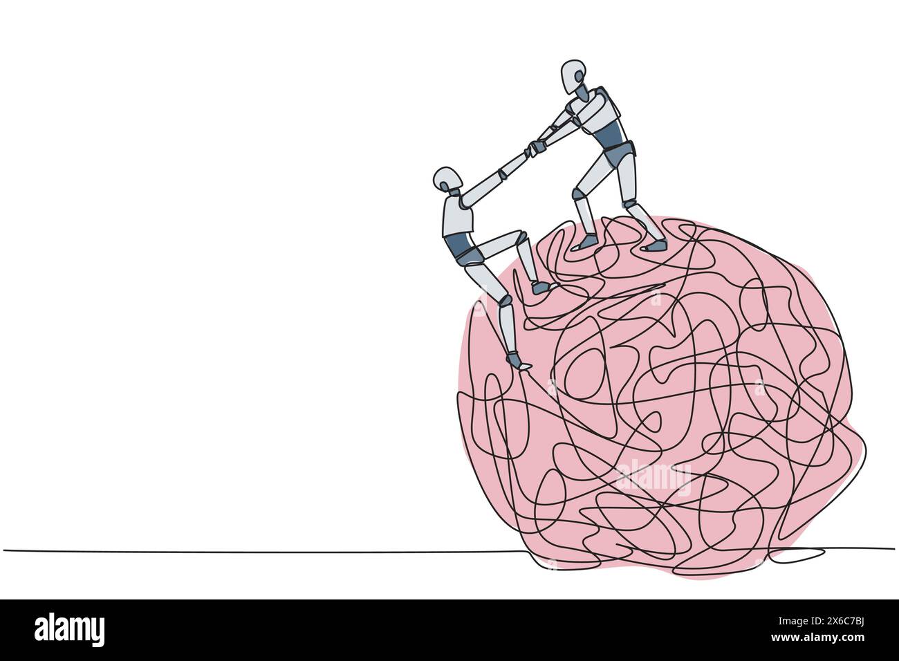 Single one line drawing smart robot helps colleague climbs the big ...