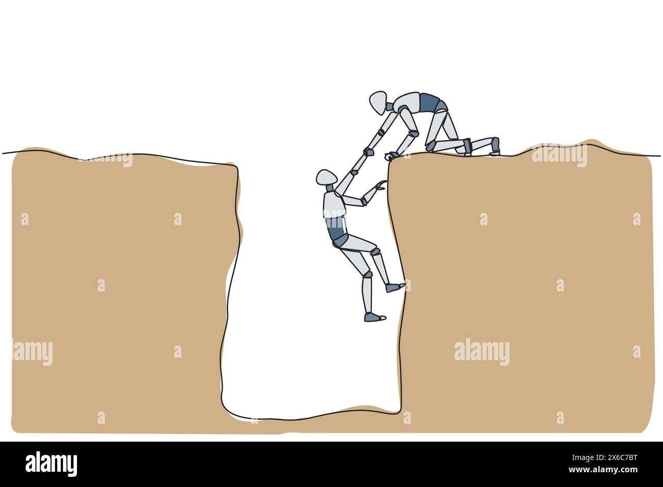 Single one line drawing smart robotic helps colleague climbing a wide ...