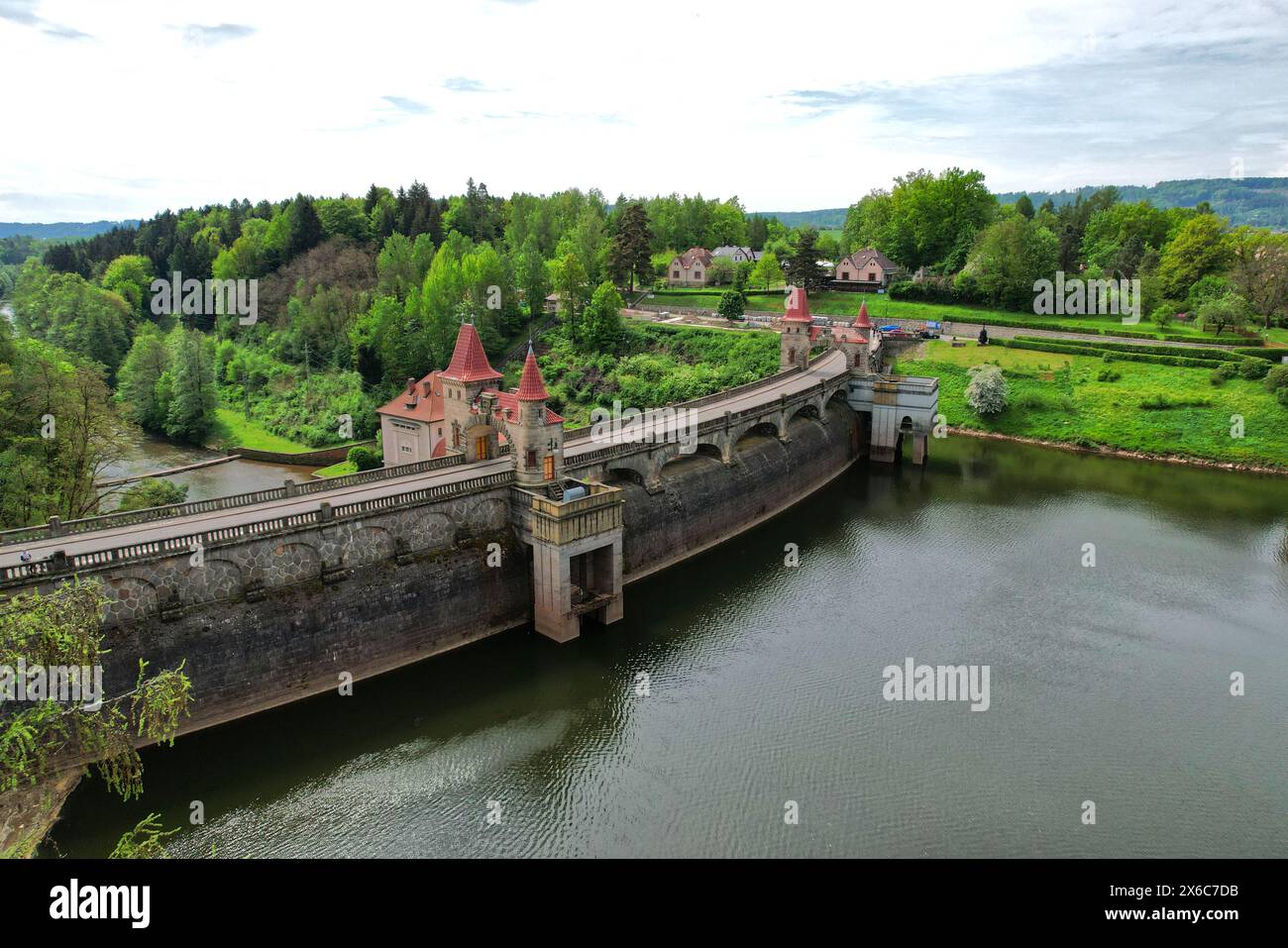 Historical dam aerial image in the Czech Republic, Europe, with towers ...