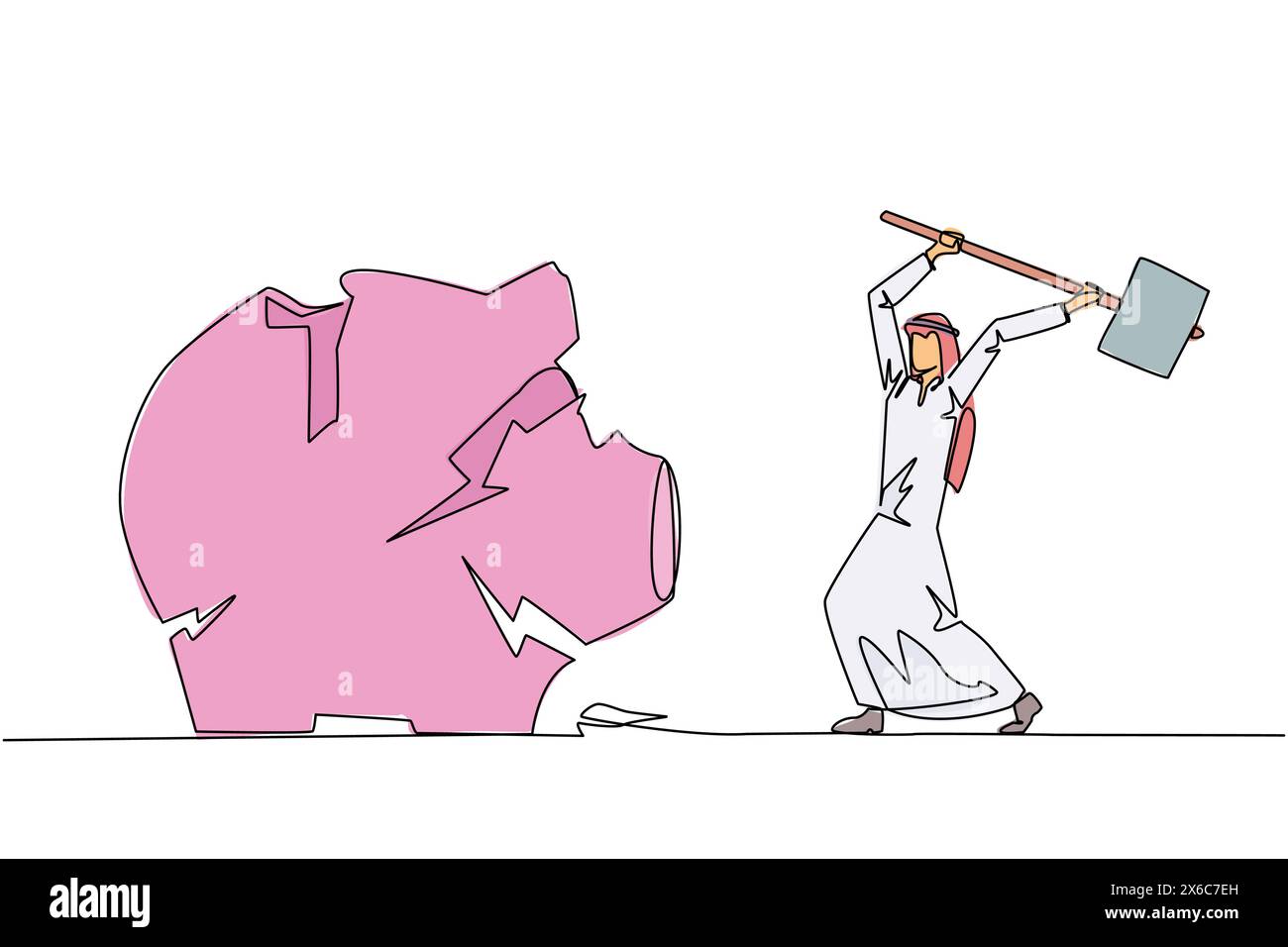 Single continuous line drawing Arabian businessman preparing to hit the ...