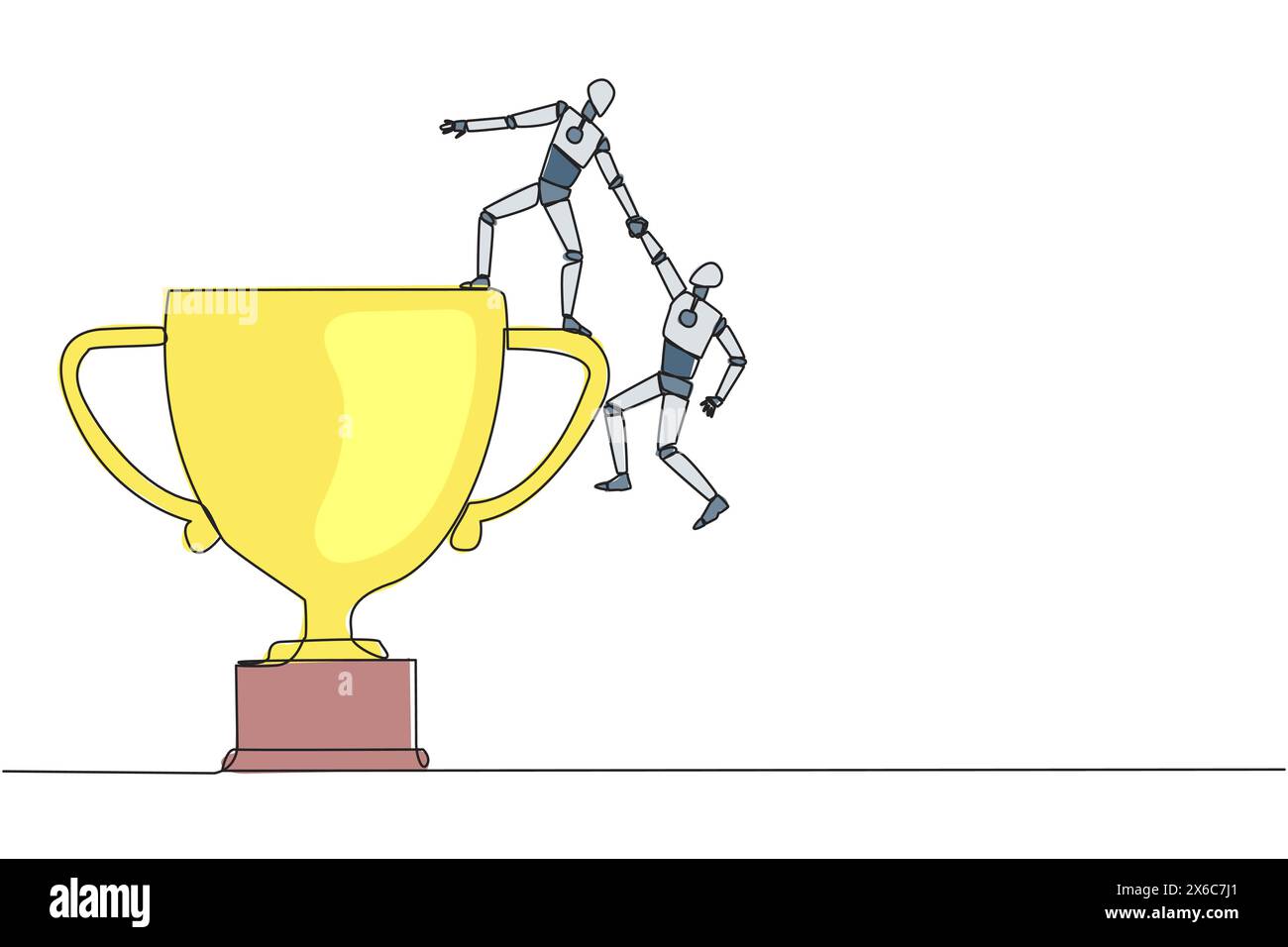 Single one line drawing smart robotic helps colleague climb the big ...