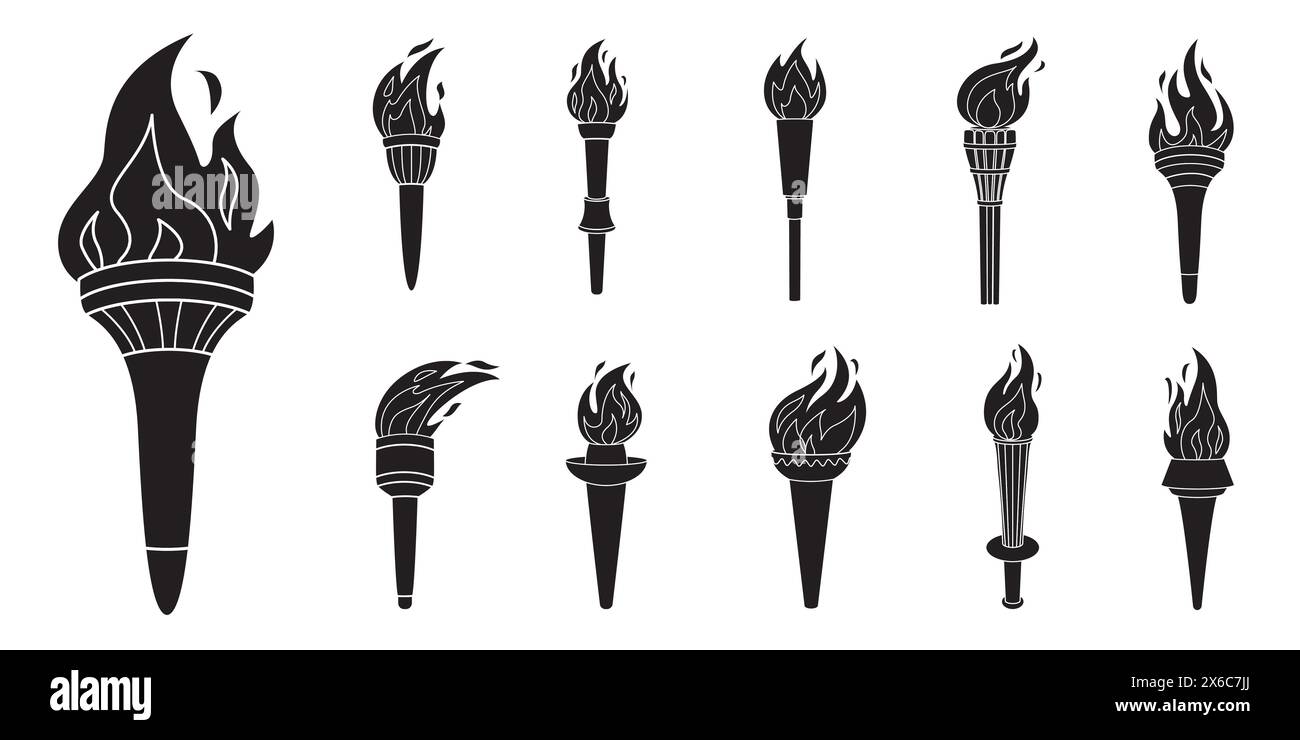 Torch with flame silhouette icon set. The symbol of victory, success or ...