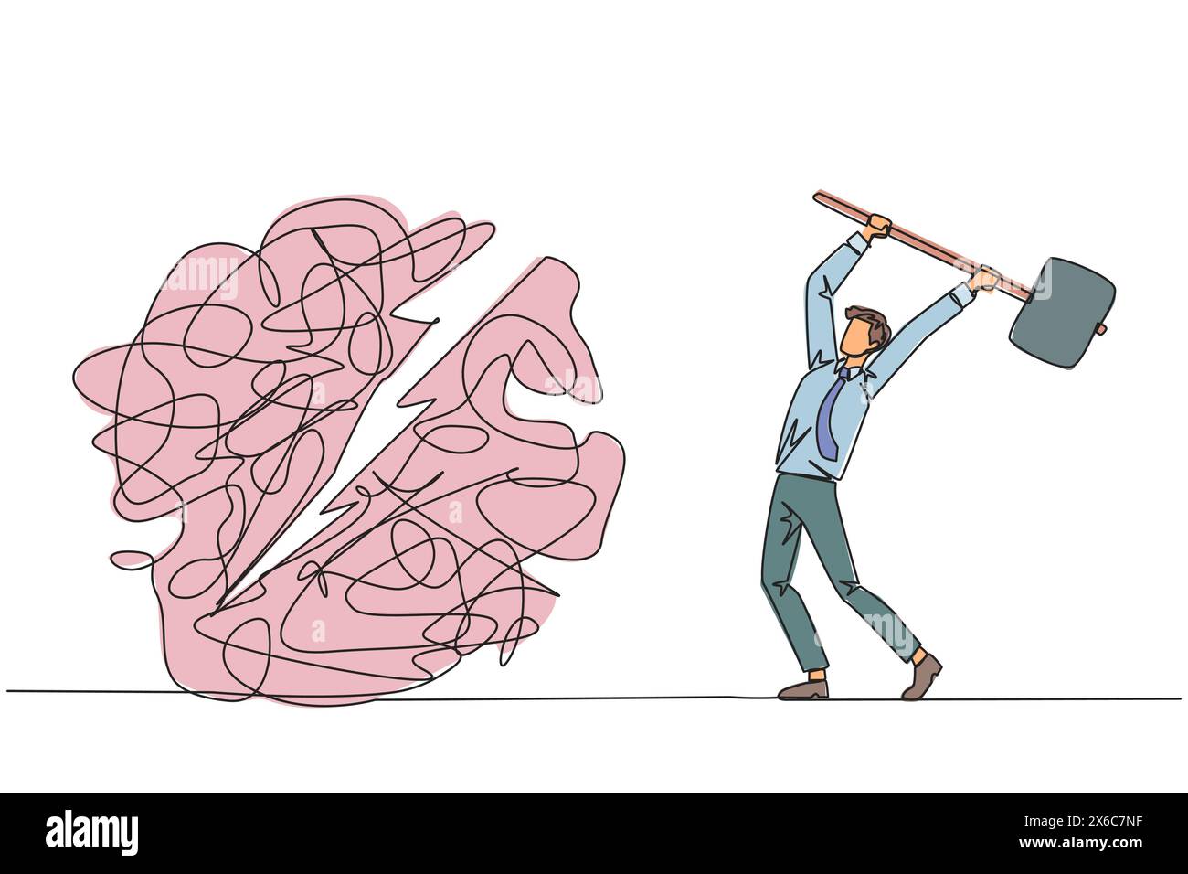 Single one line drawing businessman preparing to hit the big mess ...