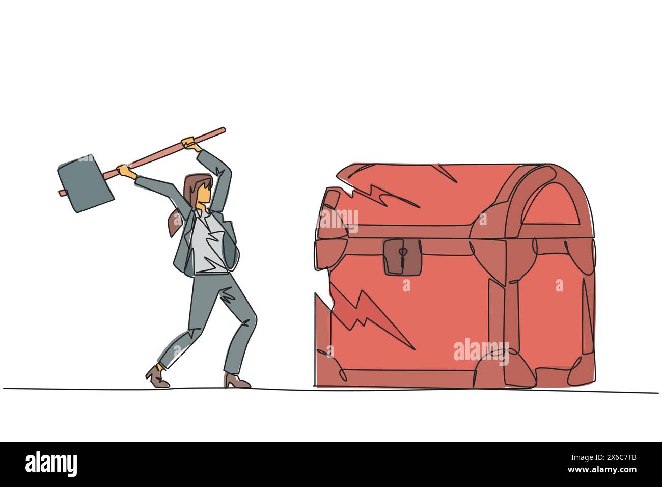 Continuous one line drawing businesswoman preparing to hit big treasure ...