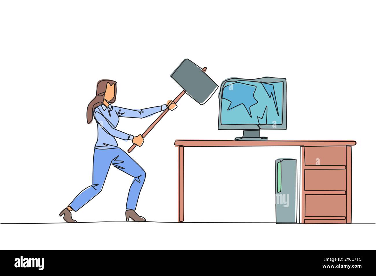 Continuous one line drawing businesswoman preparing to hit computer ...