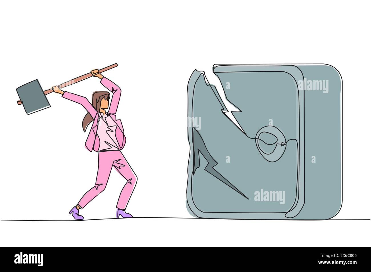 Single continuous line drawing businesswoman preparing to hit big safe ... Single continuous line drawing businesswoman preparing to hit big safe ...