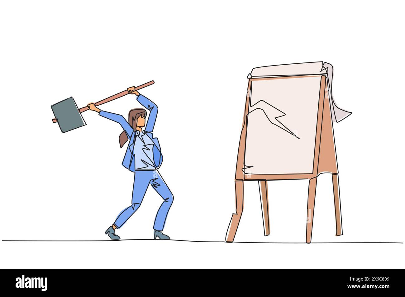 Single continuous line drawing businesswoman preparing to hit big flip ...