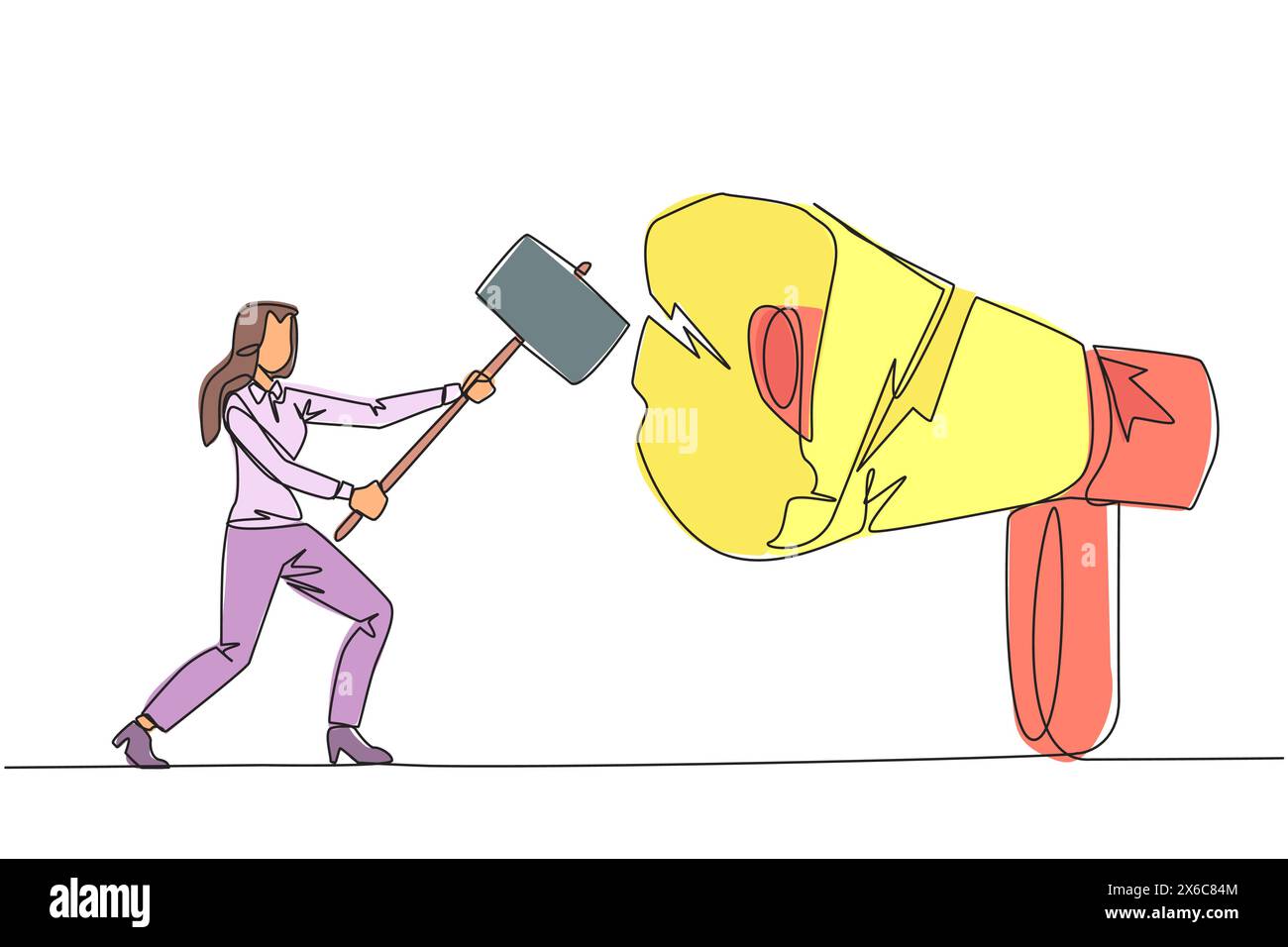 Single one line drawing businesswoman preparing to hit big megaphone ...