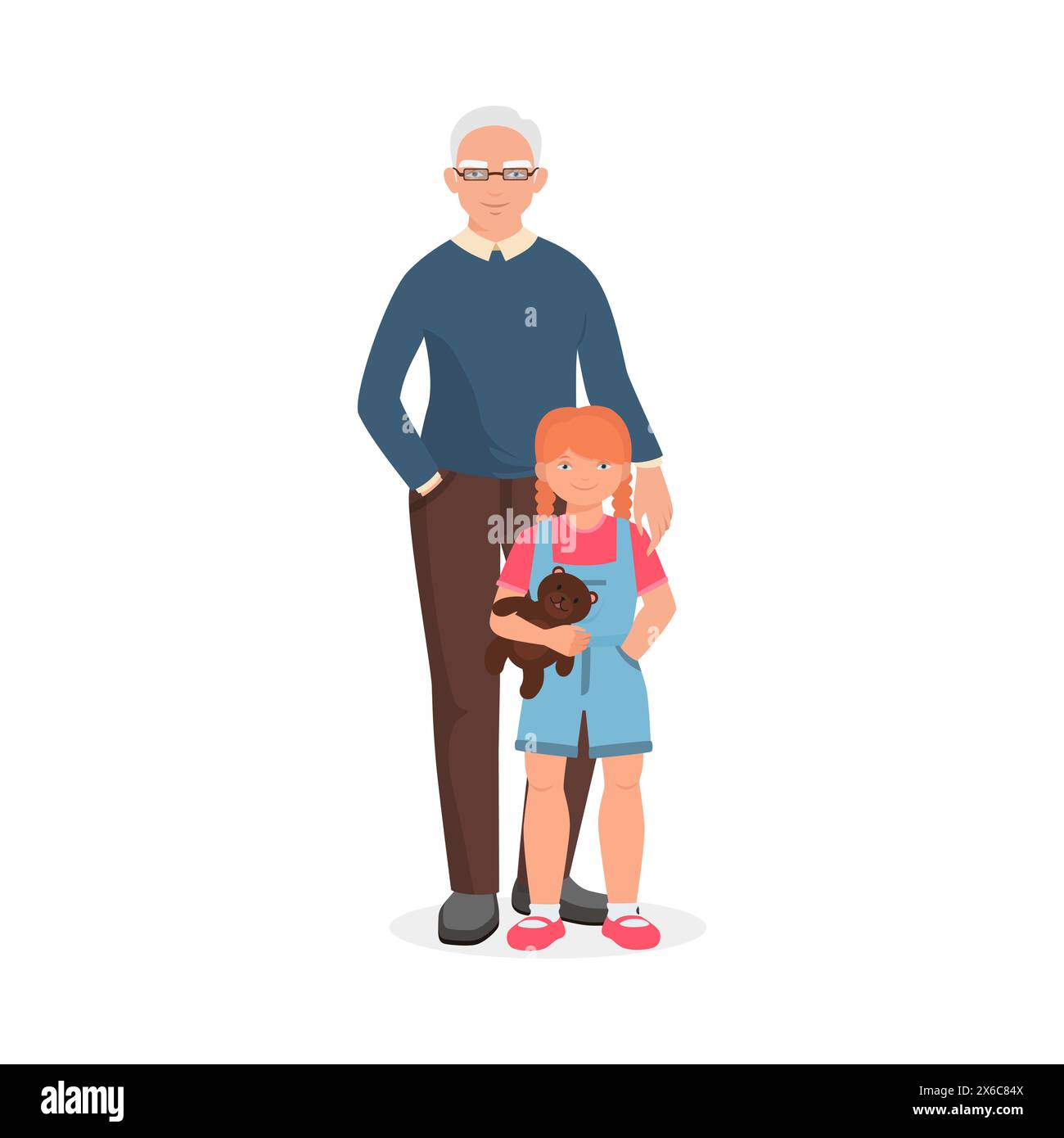 Old senior man standing with girl holding teddy bear, grandfather and ...
