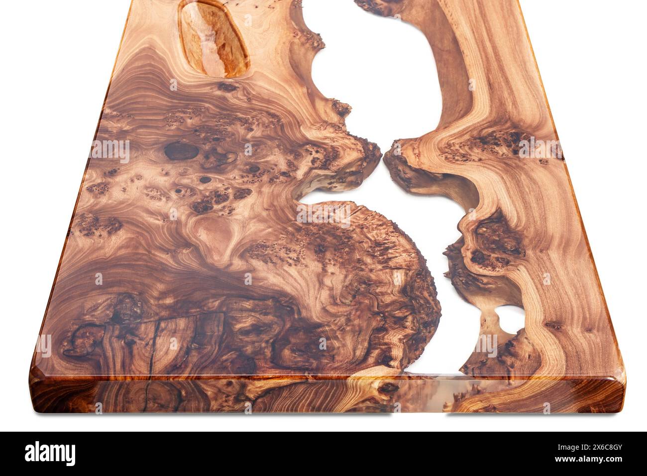 Live edge elm burl slab table top with central epoxy resin river on ...