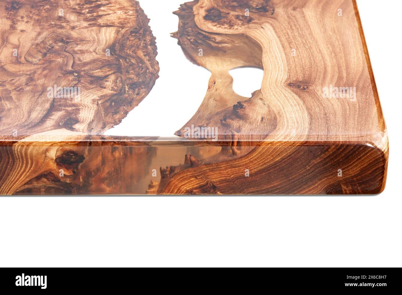 Live edge elm burl slab table top with central epoxy resin river on ...