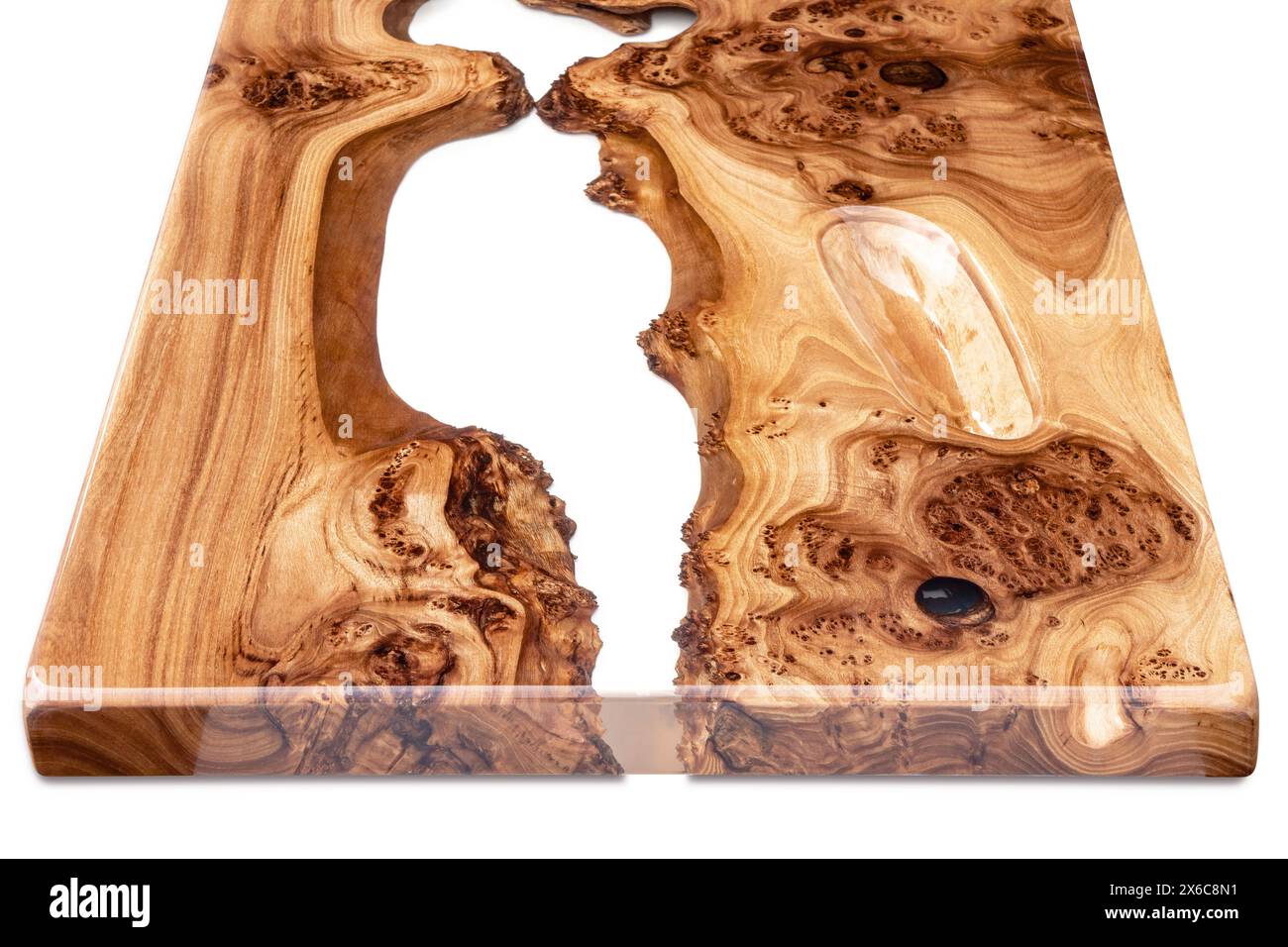 Live edge elm burl slab table top with central epoxy resin river on ...