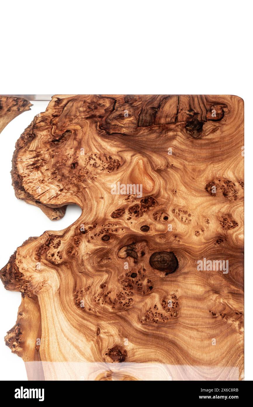 Live edge elm burl slab table top with central epoxy resin river on ...