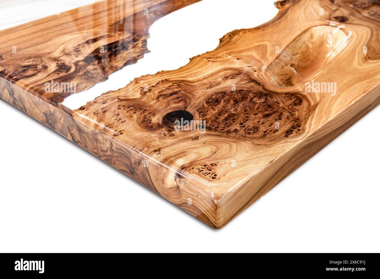 Live edge elm burl slab table top with central epoxy resin river on ...