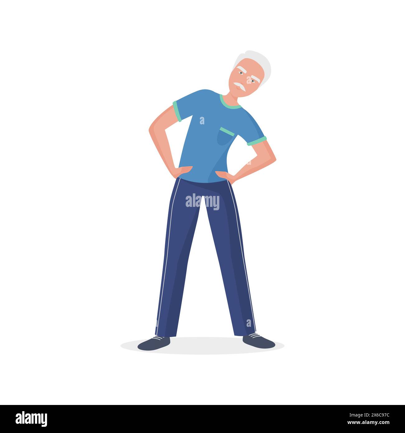 Elderly man with mustache bending sideways to do morning exercises ...