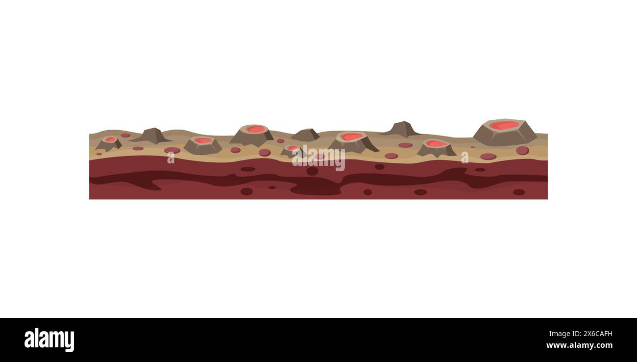 Underground layers of lava and craters with hot magma on top vector ...