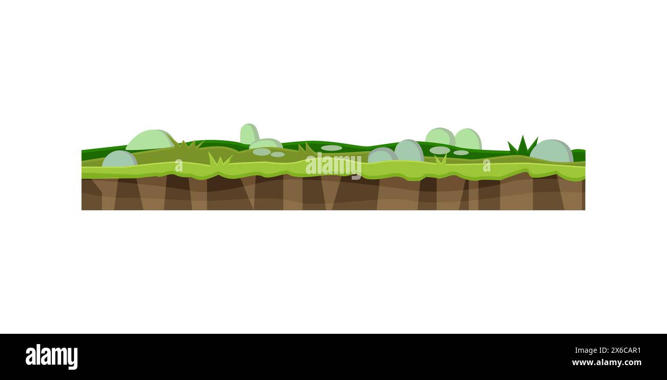 Game landscape of soil ground with green plants and stones pile ...